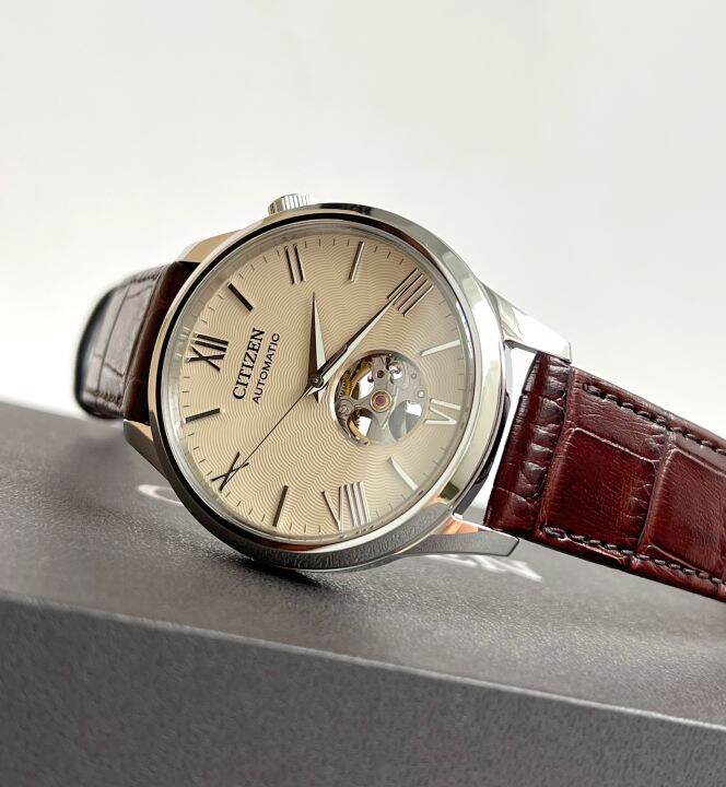 Citizen Automatic Watch NH9130-17A Open Heart Ivory Dial Brown Leather ...