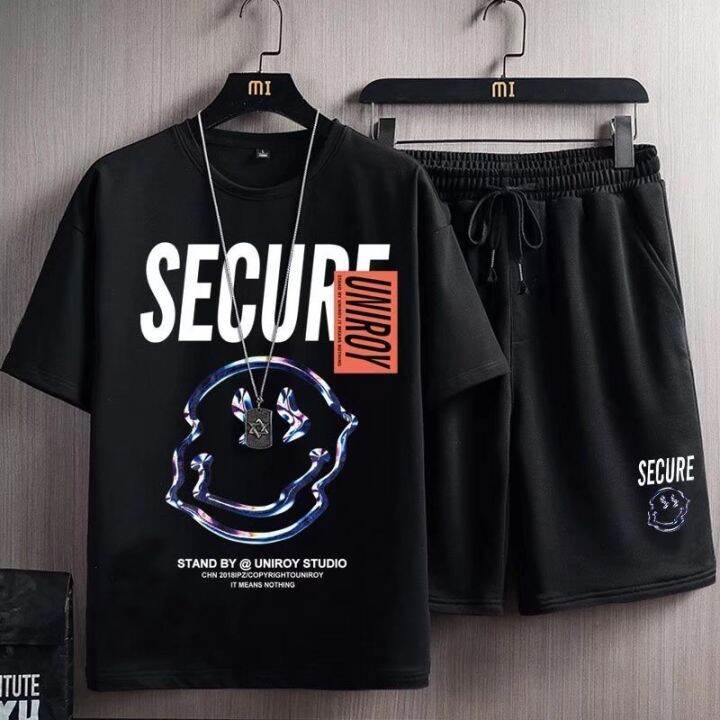 M-8XL ชุดลำลองสองชิ้นชุด 2022 แฟชั่นสีดำแขนสั้นเสื้อยืดขนาดใหญ่ + กางเกงขาสั้นผู้ชายกีฬากางเกงขา ...