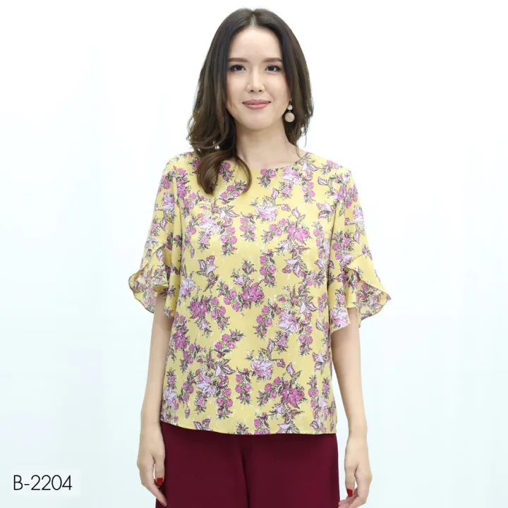 MIKIKO Blouse MI-B2204 ชีราเม้นท์ ปริ้นท์ แขนยาว IGPU22-2 | Lazada.co.th