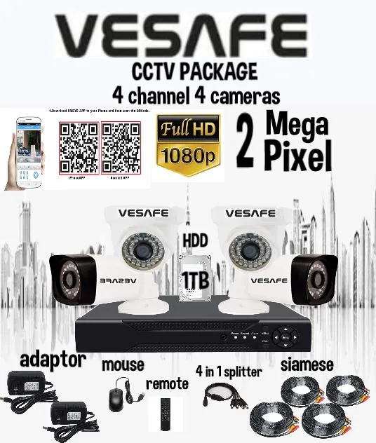 VESAFE CCTV PACKAGE 4 channel 4 CAMERAS 2MP 1080P(1TB) | Lazada PH