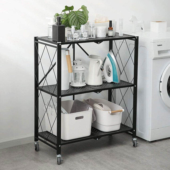 3 Layer Movable Folding Shelf With Wheels (Black) | Lazada PH