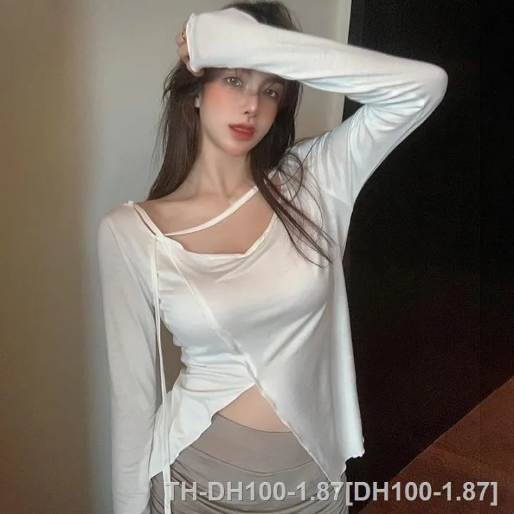 DH100-1.87 เสื้อท็อปคอกลมแบบสลิมสีพื้นสําหรับผู้หญิง | Lazada.co.th