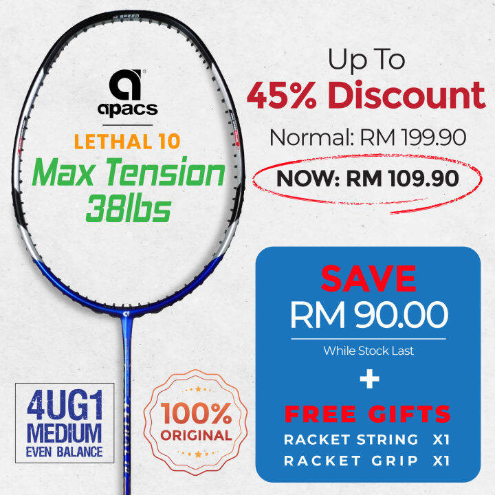 【FREE String & Grip】APACS Lethal 10 (Blue) Badminton Racket 38LBS 4UG2 ...