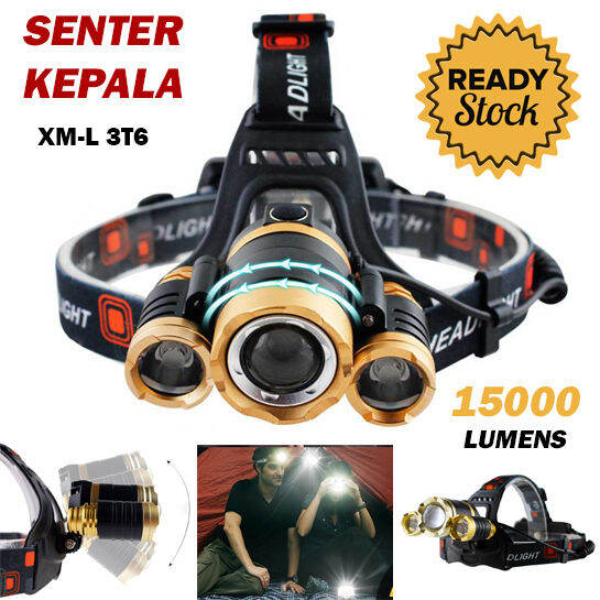 Senter Kepala LED Headlamp Cree XM-L 3T6 15000 Lumens Headlight Super ...