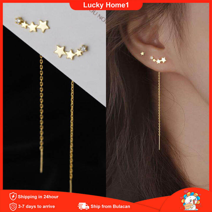 Chic Sterling Silver Stars Long Linear Wire Tassel Thread Dangle Studs ...