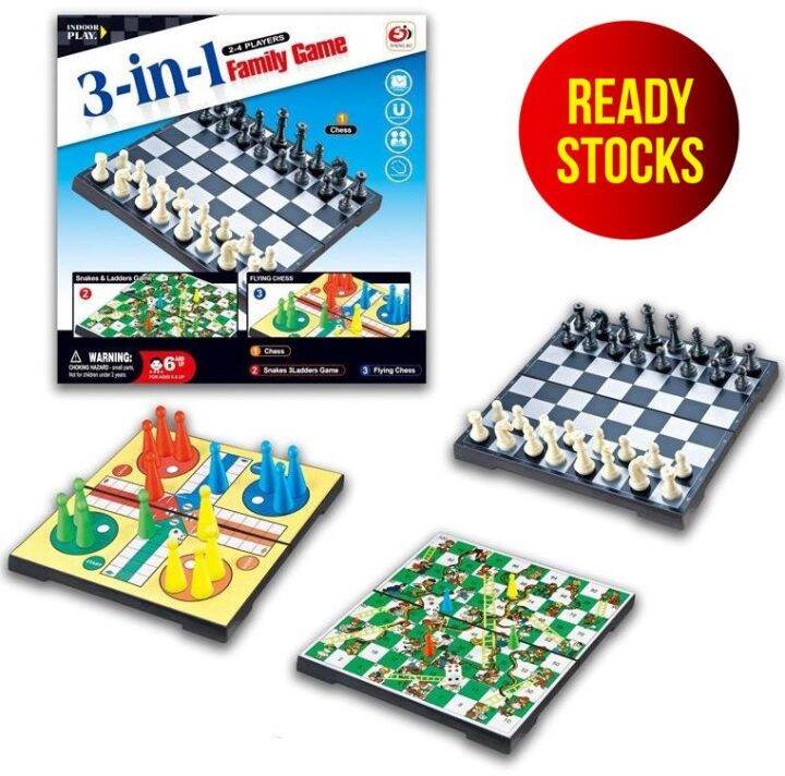Family Gathering 3 In 1 Family Fun Game Set [Chess Game, Snakes & Ladders Game, Flying Chess ...