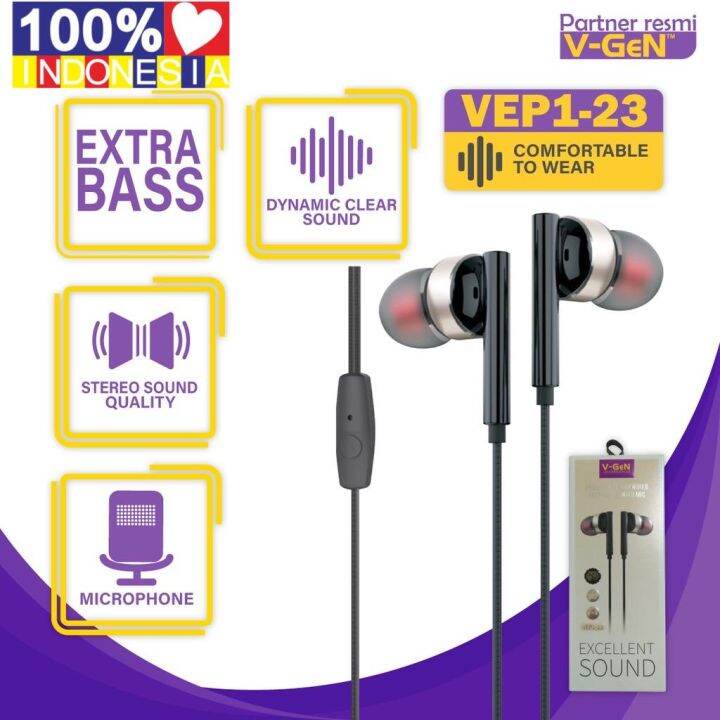 EARPHONE HEADSET V-GEN EXTRA BASS VEP1-23 HIGH QUALITY HANDSFREE VGEN | Lazada Indonesia