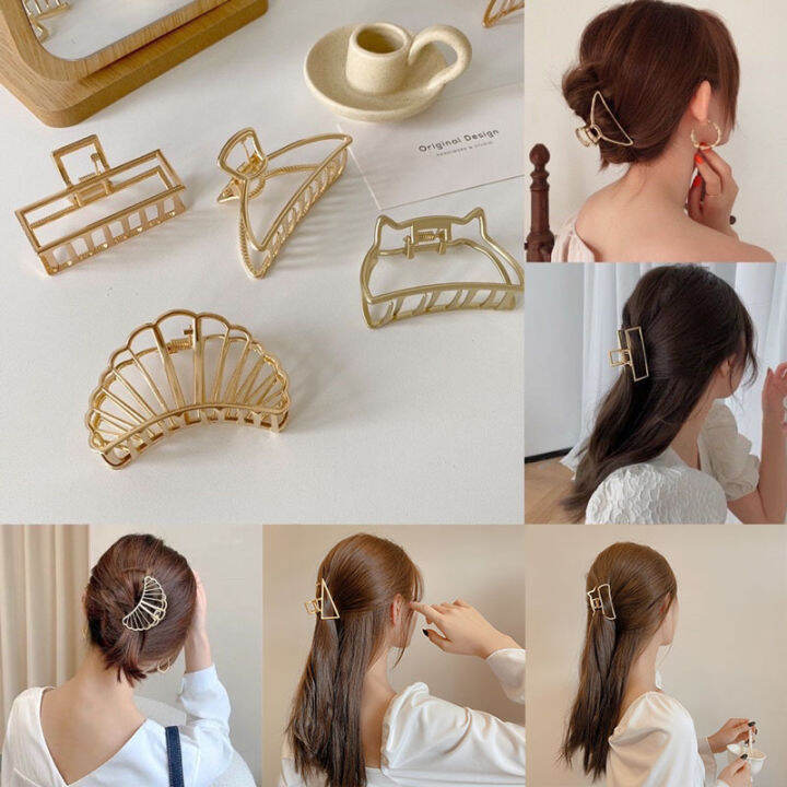 [M'sia Stock] Women Goldy Metal Hair Claw Hair Clip Ponytail Grabbing ...