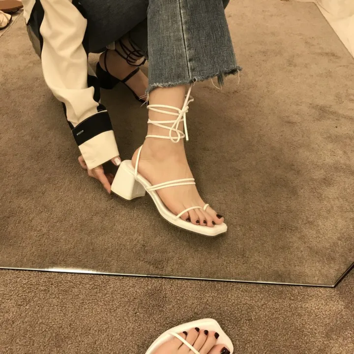 Ladies Sandals Low Heel Lace Up Back Strap Summer Gladiator Shoes Square Low Heel Casual Sandals ...