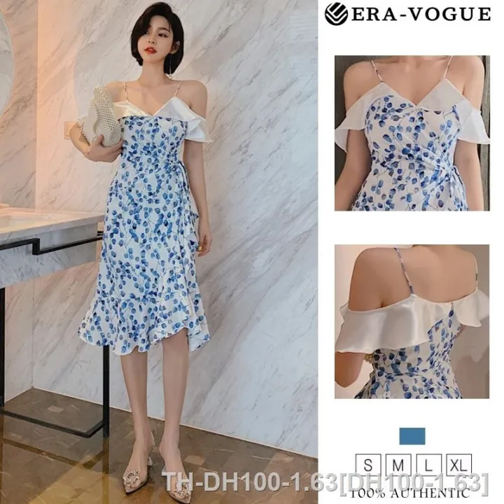 DH100-1.63 EraVogue🌷 เดรสผู้หญิง สีฟ้า สายเดี่ยว เข้ารูป ยาวพอดีเข่า แขนสั้น ปิดไหล่ ผ้าซาติน ...
