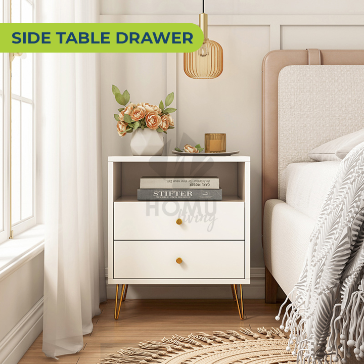 Homu Monique 2 Drawer Side Table (White) Wooden Home and Office Table Minimalist Nordic Side ...