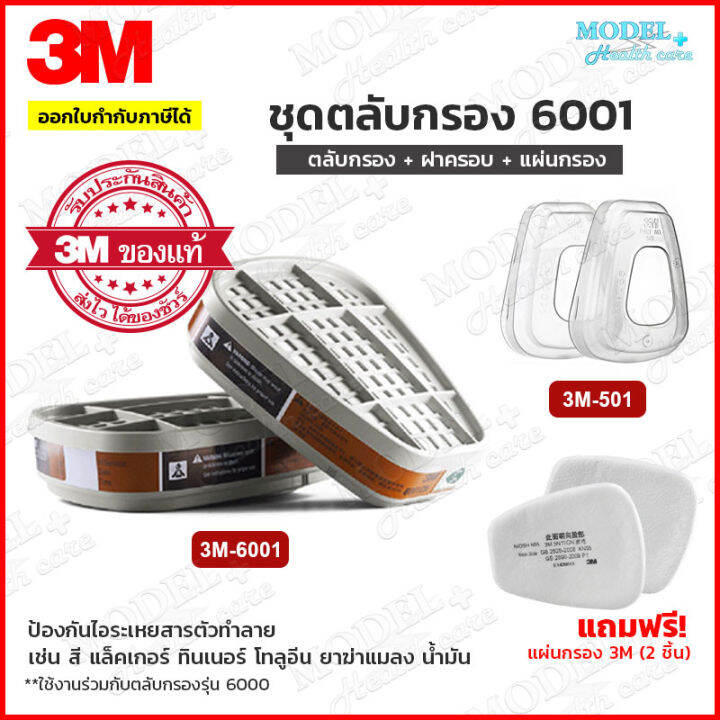 3M ชุดตลับกรอง 6001+ฝาครอบ (ฟรี!แผ่นกรอง 2 ชิ้น) ตลับกรองป้องกันไอระเหยสารเคมี สี ทินเนอร์ ยาฆ่า ...