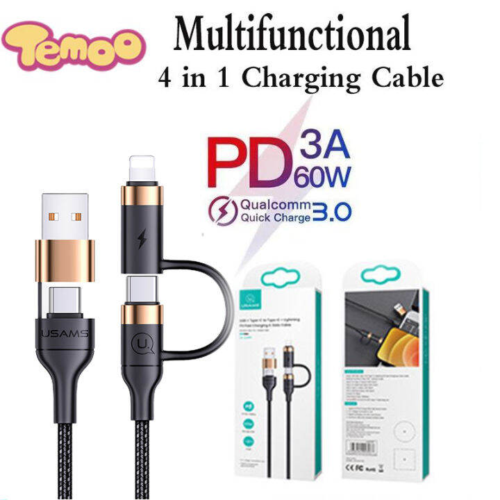 Temoo สายชาร์จเร็ว4-In-1 PD,สายชาร์จอะไหล่สายชาร์จ Type-C สองหัวสำหรับ IPhone 12 Pro Max Xiaomi ...