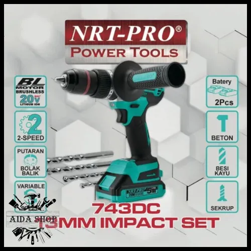 Bor Baterai 20V NRT Pro 743DC Cordless Hammer Drill Driver NRT PRO 743DC BRUSHLESS 13MM 20V ...