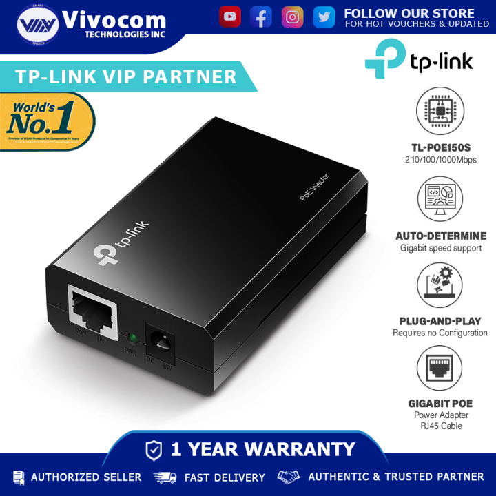 TP-Link TL-POE150S PoE Injector Adapter Gigabit Ethernet up to 100 ...
