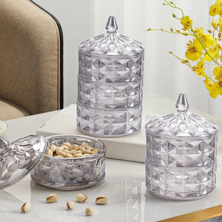 Snack Nuts Crystal Glass Three Layer Dried Fruit Candy Box With Lid ...