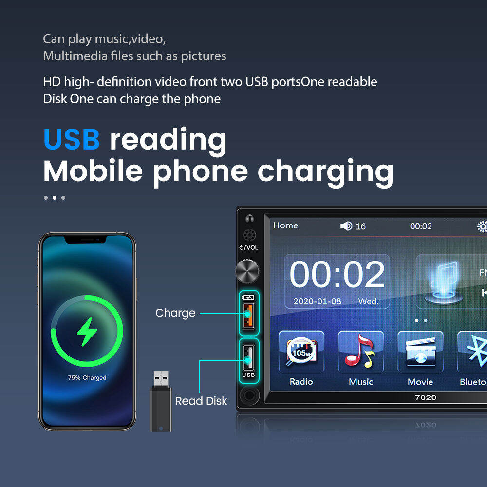 วิทยุติดรถยนต์ 7 นิ้ว Double DIN Bluetooth 5.1 Dual AUX Input Head Unit เครื่องเล่น MP5 พร้อม ...