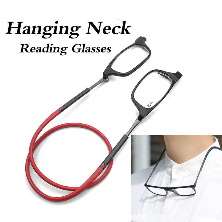 แขวนคอแว่นอ่านหนังสือผู้หญิงผู้ชายแบบพกพา TR90แม่เหล็กแว่นอ่านหนังสือขา ...