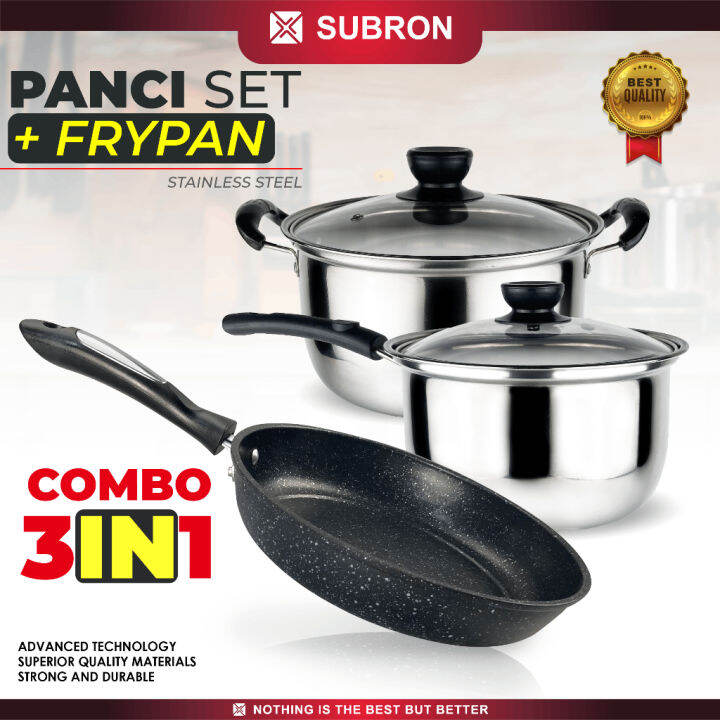 SUBRON COMBO HEMAT 3IN1 Panci Susu 18cm Panci Sup 20cm Stainless Tutup Kaca Frypan Medical Stone ...