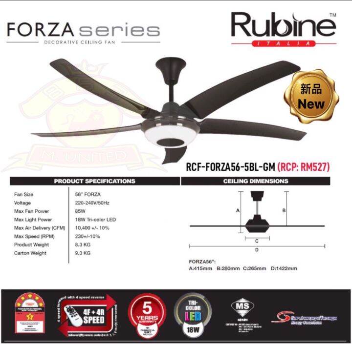 NEW Rubine Decorative Ceiling Fan FORZA Series RCF-FORZA56-5BL-GM With ...
