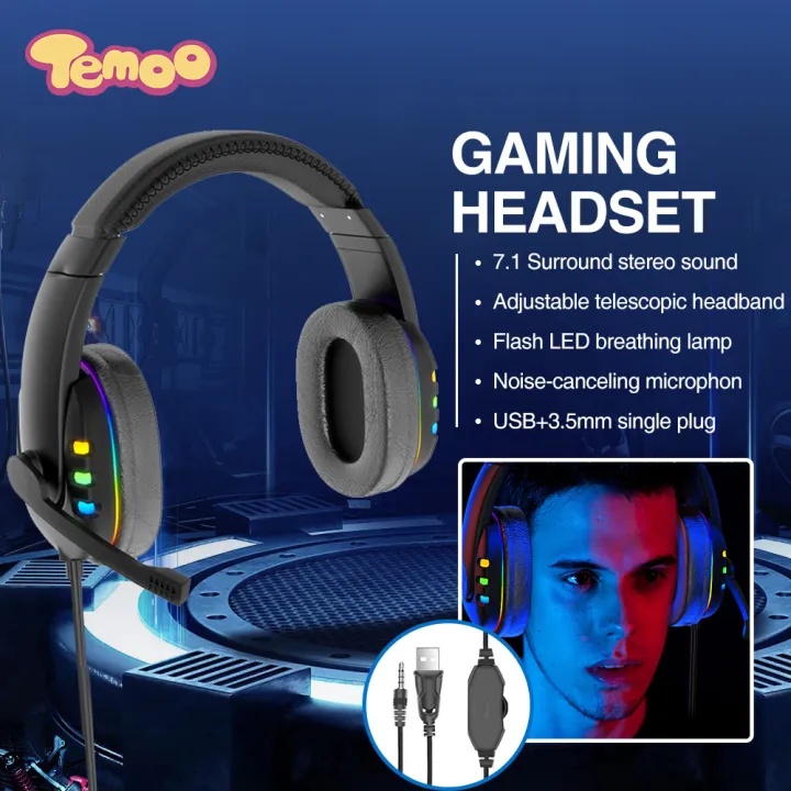 Temoo AK47หูฟังเกมUSB + 3.5มมแจ็คเสียงหูฟังเสียงสเตอริโอตัดหูฟังเล่นเกมสีสันเรืองแสงไฟLED ...