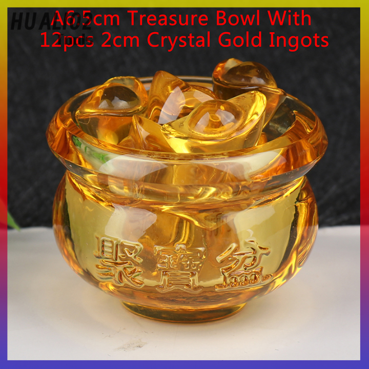 HUALI02 Feng Shui Chinese Crystal Gold Ingots Wealth Treasure Bowl Statue Decoration | Lazada