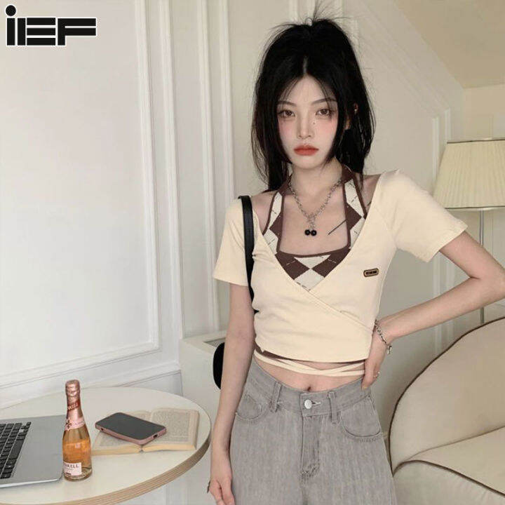 IEF 2023สายคล้องคอ V เสื้อเอวลอย + ลายสก๊อตคอเสื้อกล้าม Slim ชุดผู้หญิง | Lazada.co.th