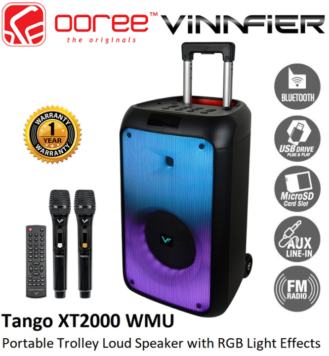 VINNFIER TANGO XT2000 WMU BLUETOOTH PORTABLE TROLLEY LOUD SPEAKER KARAOKE WITH 2 WIRELESS MIC ...
