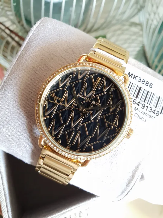 Michael Kors Portia Gold Tone, Black Dial & Black Minute Seconds Hand ...