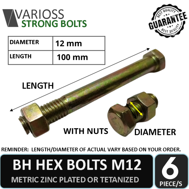 BH Tetanized Zinc Plated Hex Bolt with nut M12x100, 12 mm diameter x ...