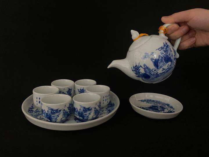 Bộ 6 chén, ly uống trà cảnh trúc lâm thất hiền men lam gải cổ, ấm chén ...