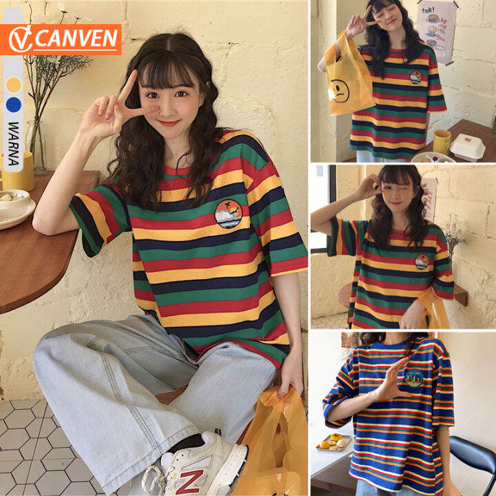 Wanita Garis-garis Pelangi Lengan Pendek Kaos Kasual Korea Longgar ...