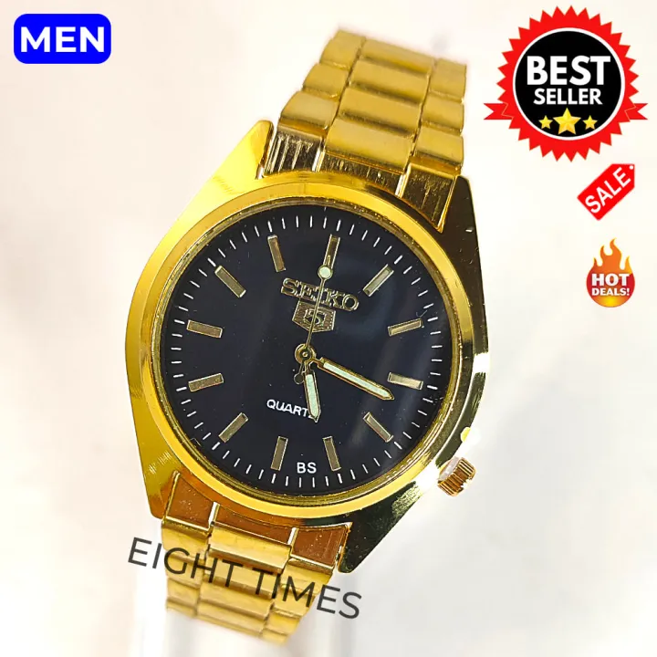 Seiko 5 Quartz Gold Black Dial Luminous Hands Stainless Steel Watch for ...