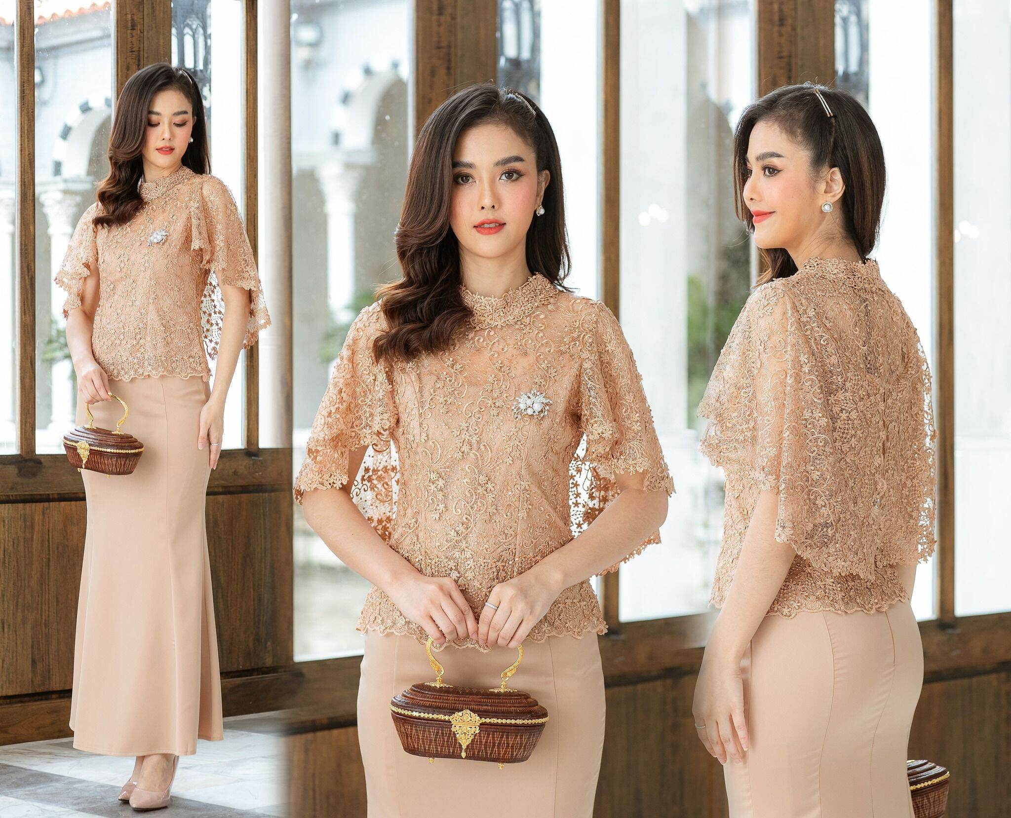 ชุดเซ็ตเสื้อลูกไม้กระโปรง พรีเมี่ยม งาน CHANIDA BRAND #8313สีทอง ...