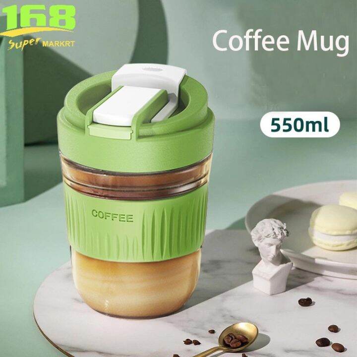 COD Glass Travel Coffee Mug Reusable Coffee Cup with Lid and Straw ...