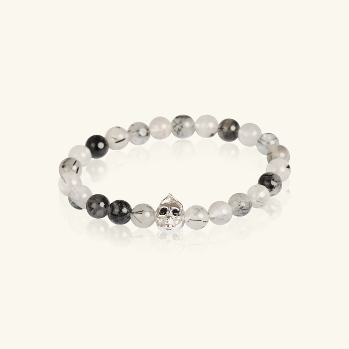 Foundry Grim Black Rutilated Quartz Bead Men's Bracelet Sterling Silver ...