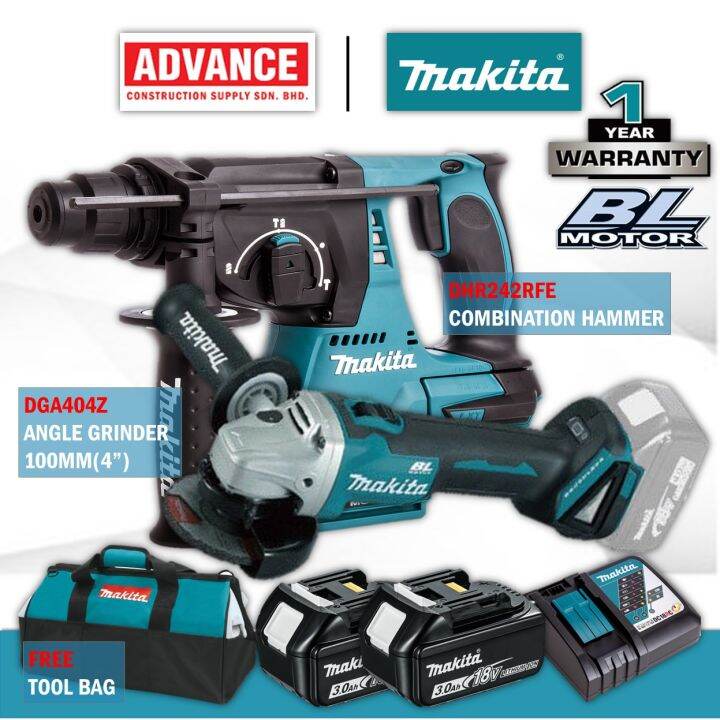 MAKITA DHR242RME 18V Cordless Combination Hammer & DGA404Z 18V Cordless ...