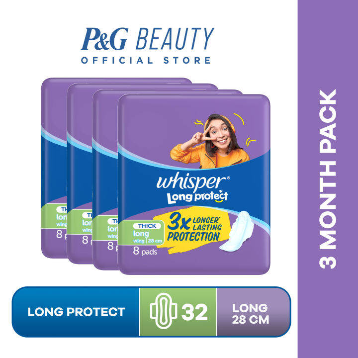 [3 MONTH PACK] Whisper Long Protect Sanitary Napkin with Wings (8 pads ...