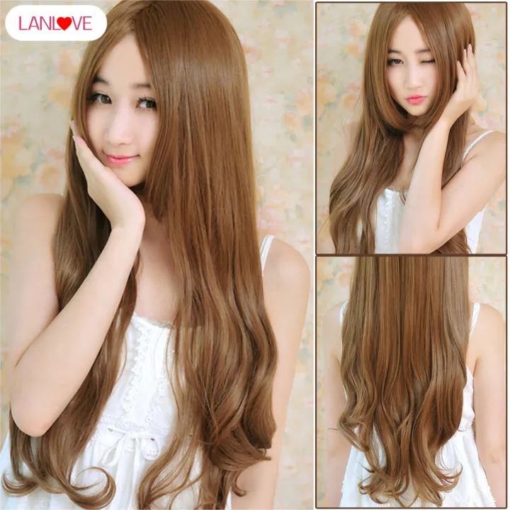 LANLOVE ยาวหยิกวิกผมต่อผมลินินสีเหลืองปลอมผมปุยอุปกรณ์ผมปกระบายอากาศธรรมชาติที่ไร้รอยต่อวิกผม ...