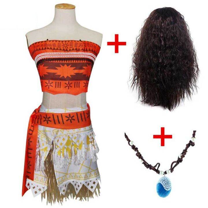 Adult Kids Princess Vaiana Moana Costume Dresses With Necklace Wig ...