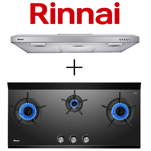 RINNAI RH-S95A-SSVR 90CM SLIMLINE HOOD + RINNAI RB-3CGN 3 BURNER INNER FLAME GLASS GAS HOB ...