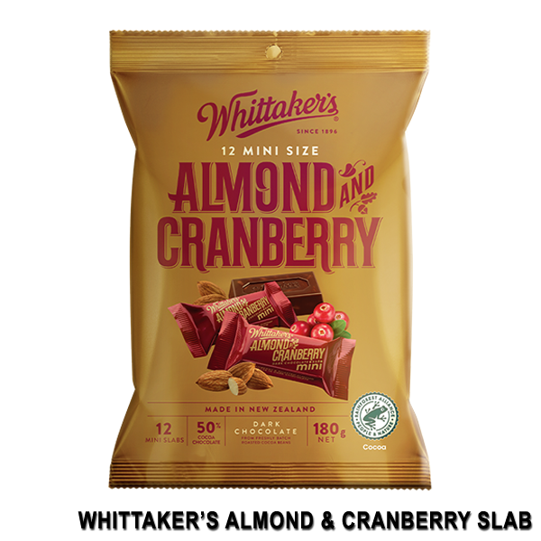 Whittaker's Almond & Cranberry Chocolate Slab 180g (12 mini slab) | 50% ...