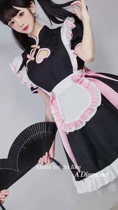 ชุดแม่บ้านสไตล์จีน COS Lolita Girl Pink Hollow New Chinese Cheongsam Maid Uniform Set เดรส ...