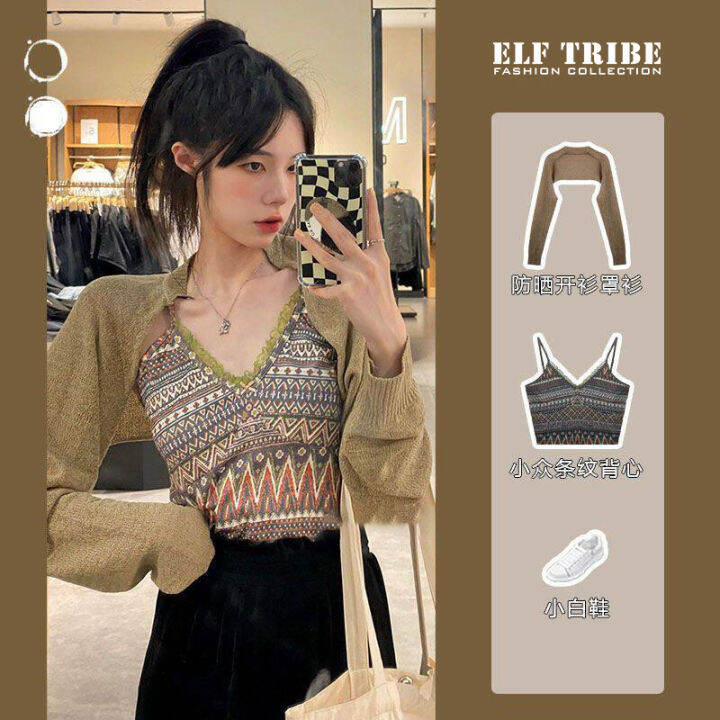 ELF TRIBE ชุดเสื้อกล้ามสไตล์วินเทจ2ชิ้นเสื้อเซ็กซี่ลายทางเสื้อคลุมไหล่ ...