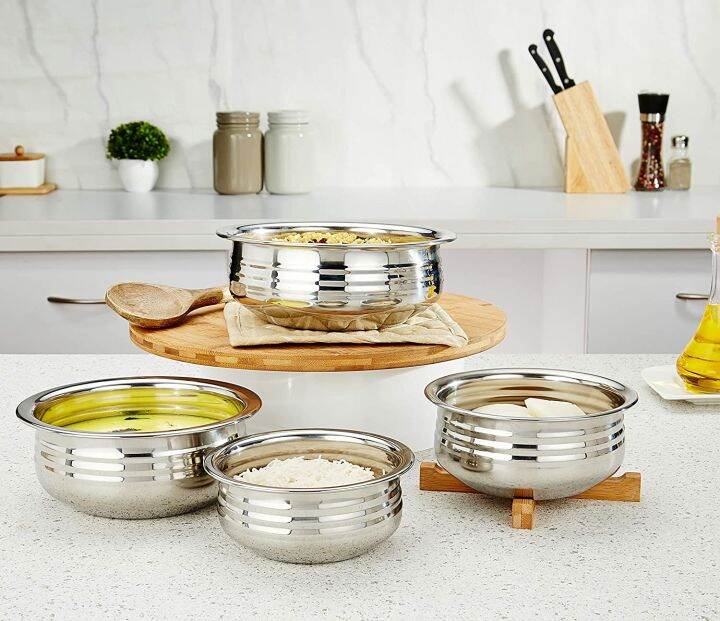 S.Steel/H.A Uruli Handi Gravy/Kadai/Pot Container Cook&Serve Set with ...