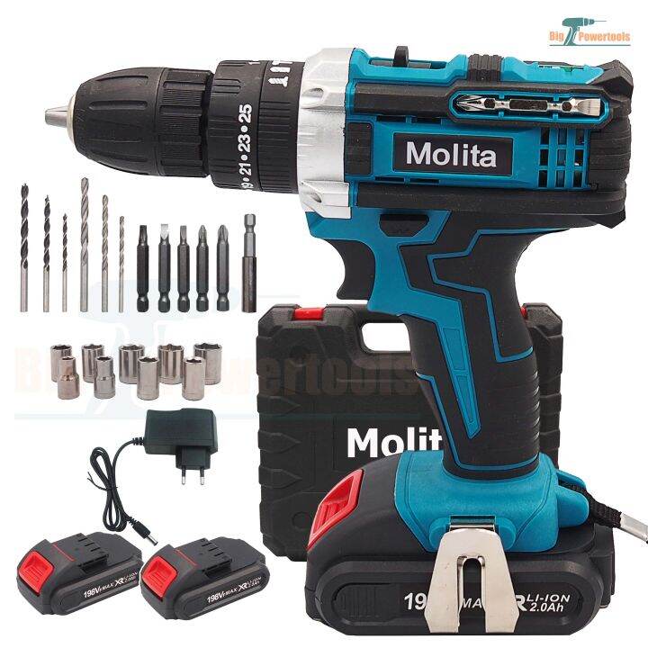 Molita สว่านไร้สาย 198V สว่านกระแทก 3 ระบบ แบตเตอรี่ 2 ก้อน สว่านแบต สว่านพร้อม ดอกสว่าน และ ...