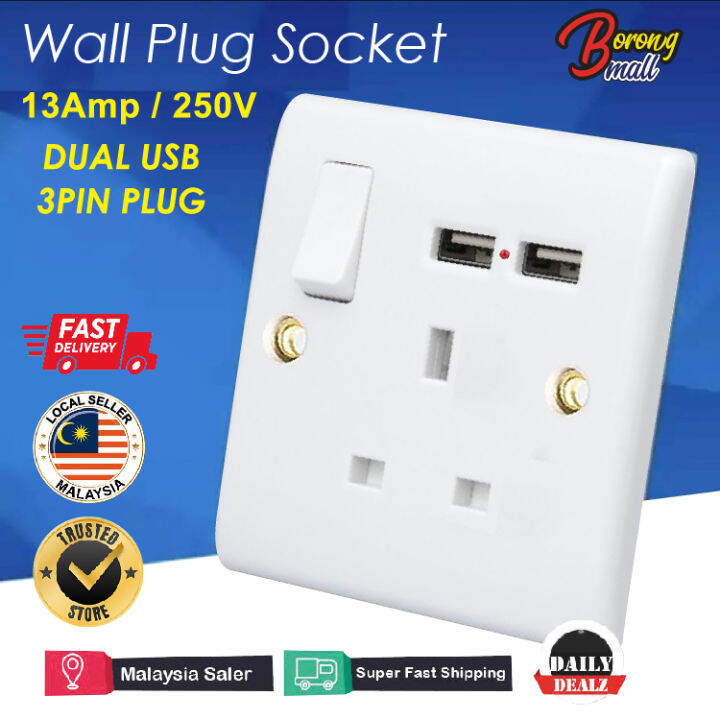 13A Fast Charging 3 Pin Plug Wall Socket with Dual USB Charging Ports ...