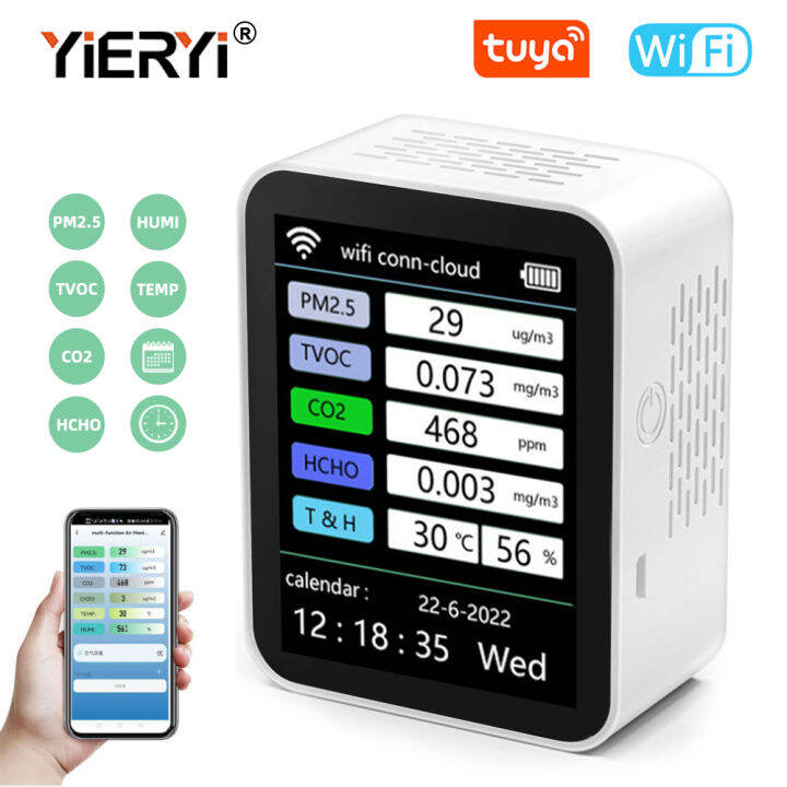 Yieryi 7 in 1 WiFi Air Quality Monitor CO2 Detector TVOC PM2.5 Tester ...