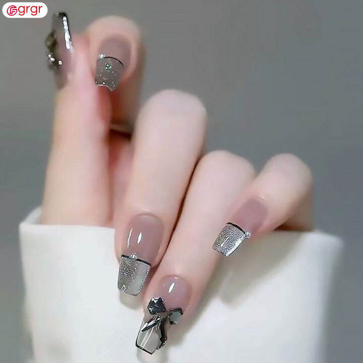 Fgrgr Silver Edges French Fake Nails with Smooth and Non-Grainy Texture ...