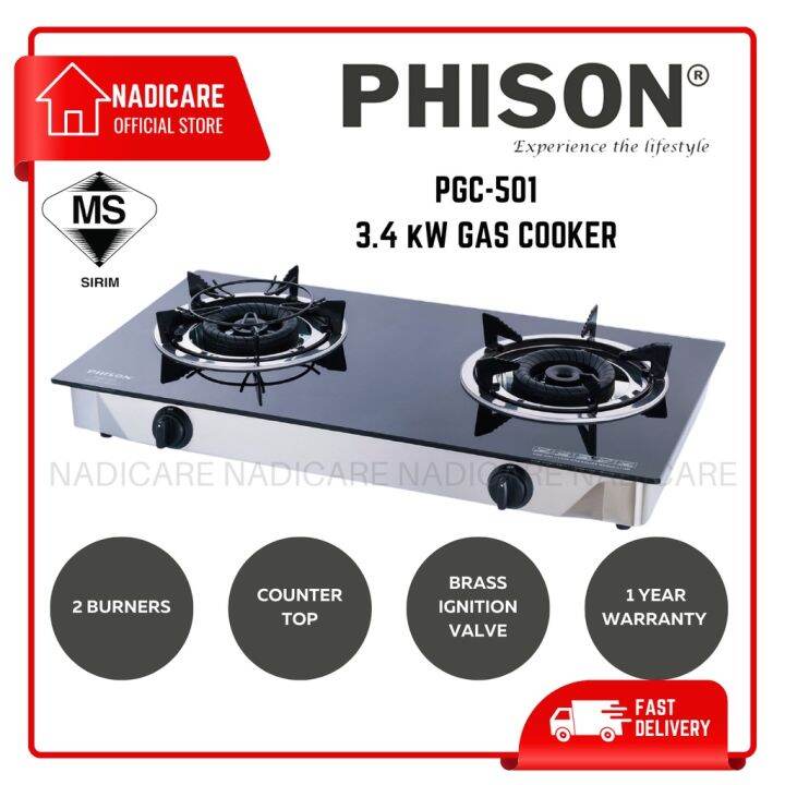 PHISON Table Top Tempered Glass Gas Cooker 120mm Double Burner 3.4kW丨 ...